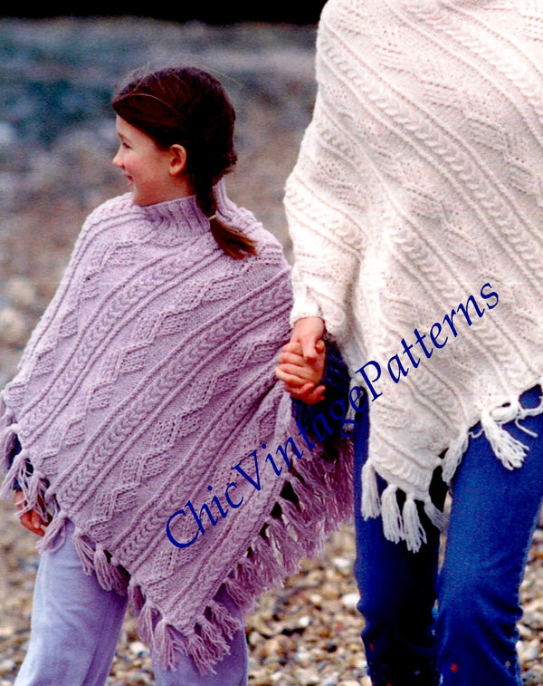 Knitted Aran Poncho Pattern, Ladies and Child's | ChicVintagePatterns
