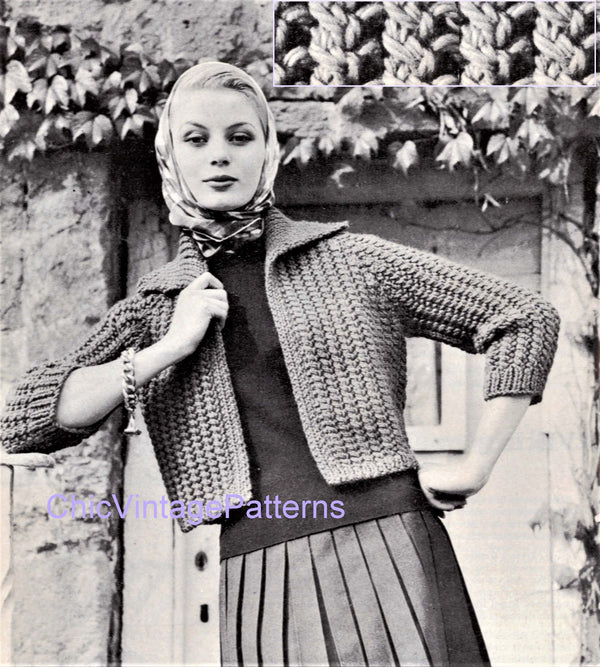 Ladies Cropped Jacket Pattern, Easy, Fast Knit | ChicVintagePatterns