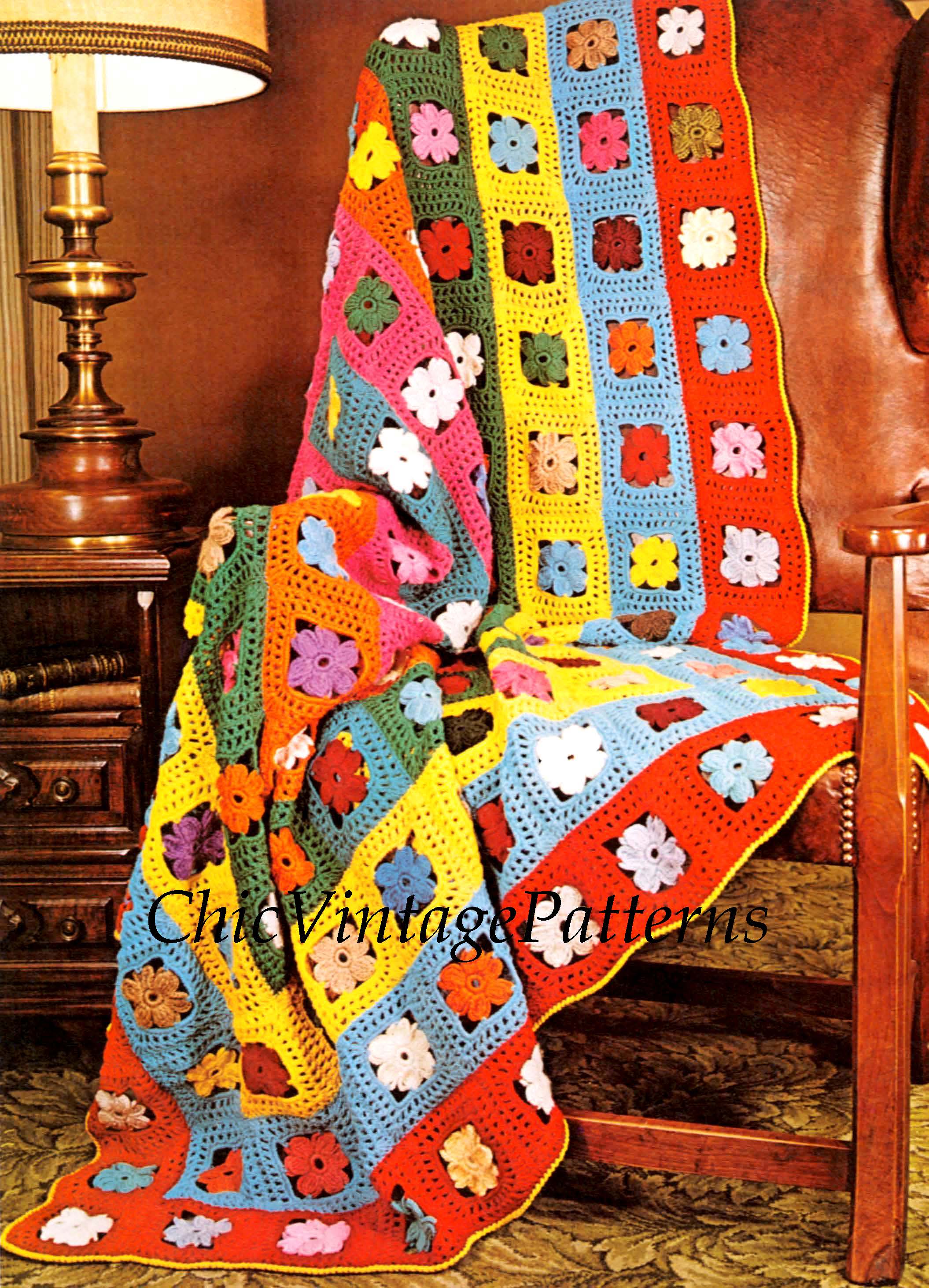 Crochet Afghan Rug Pattern, Motif Squares | ChicVintagePatterns